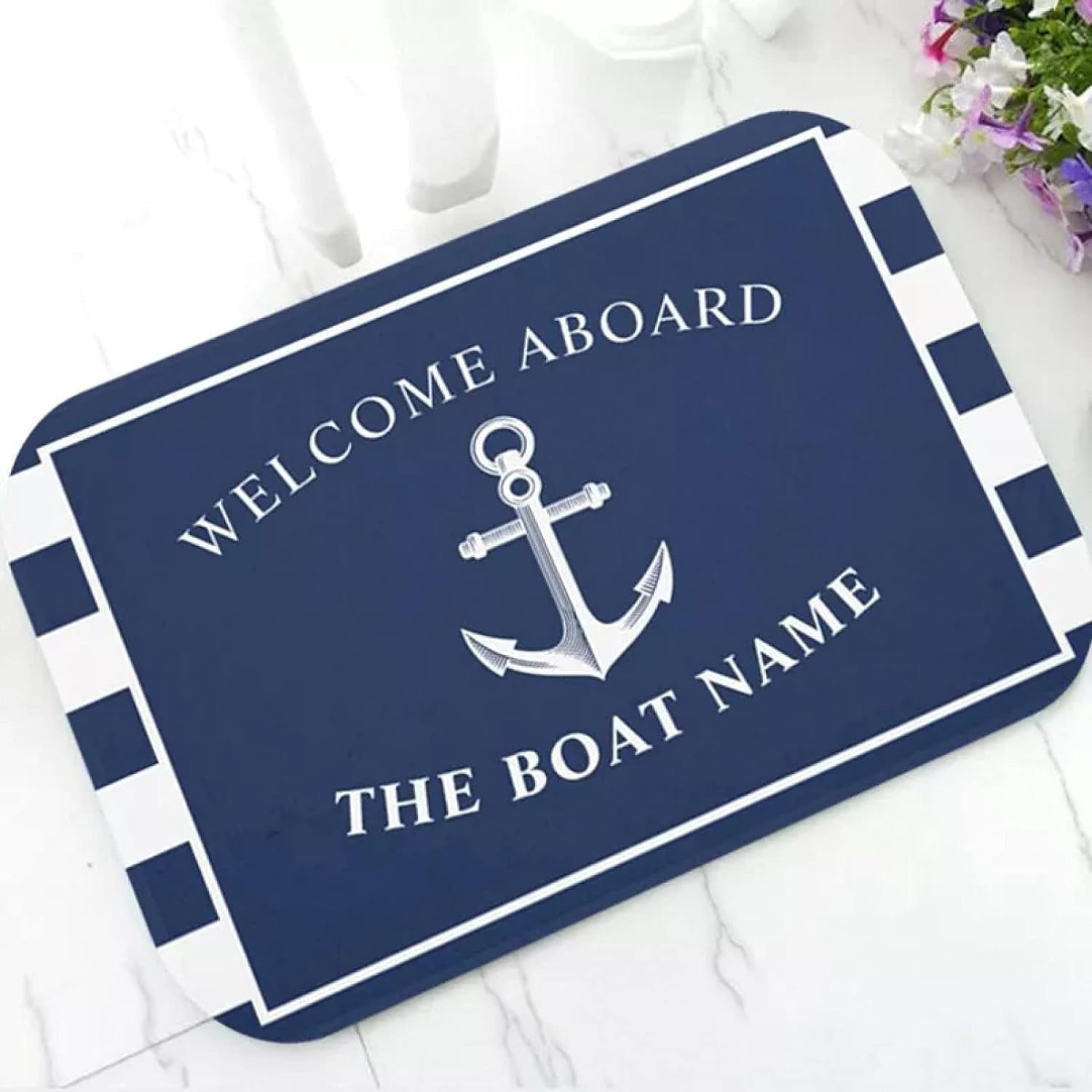 Doormat 3D Printing Chic Nautical Anchor Boat Navy Blue Stripes ...