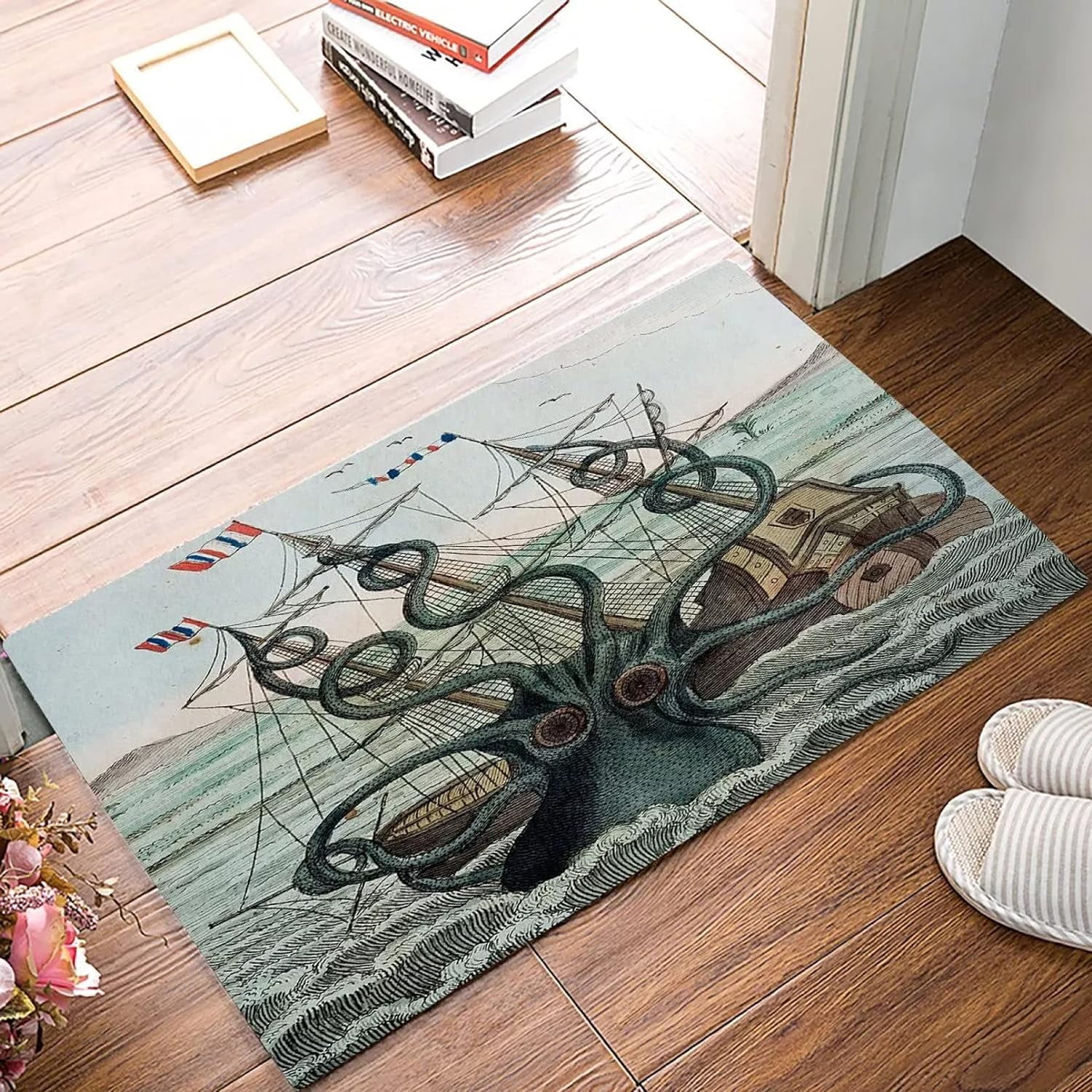 Doormat 3D Printing Sail Boat Waves and Octopus Old Look Marine Life ...
