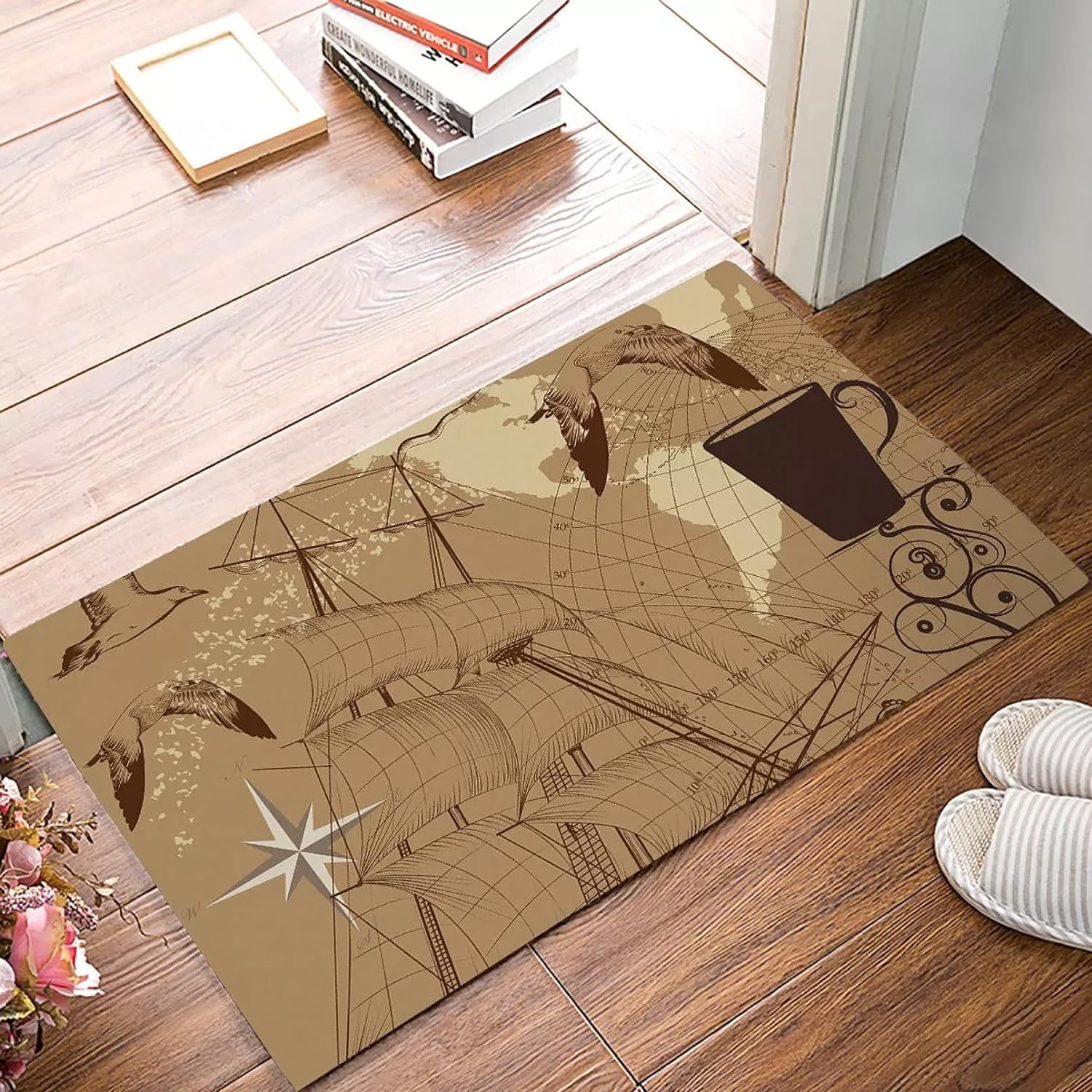 Doormat 3D Printing Vintage Patterned with Map Seabird Sailboat Anchor ...