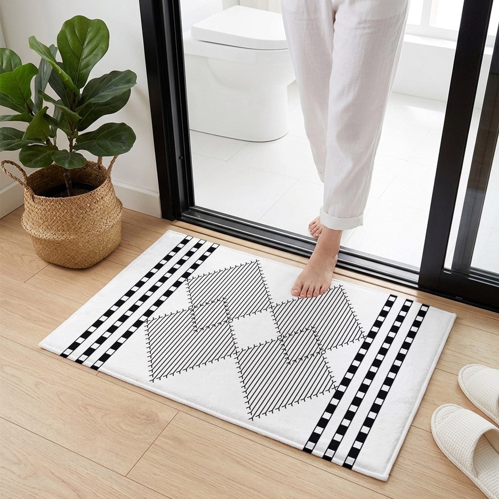 Doormat Bathroom Rugs 16x24in, Abstract Black White Diamond Plaid Non ...
