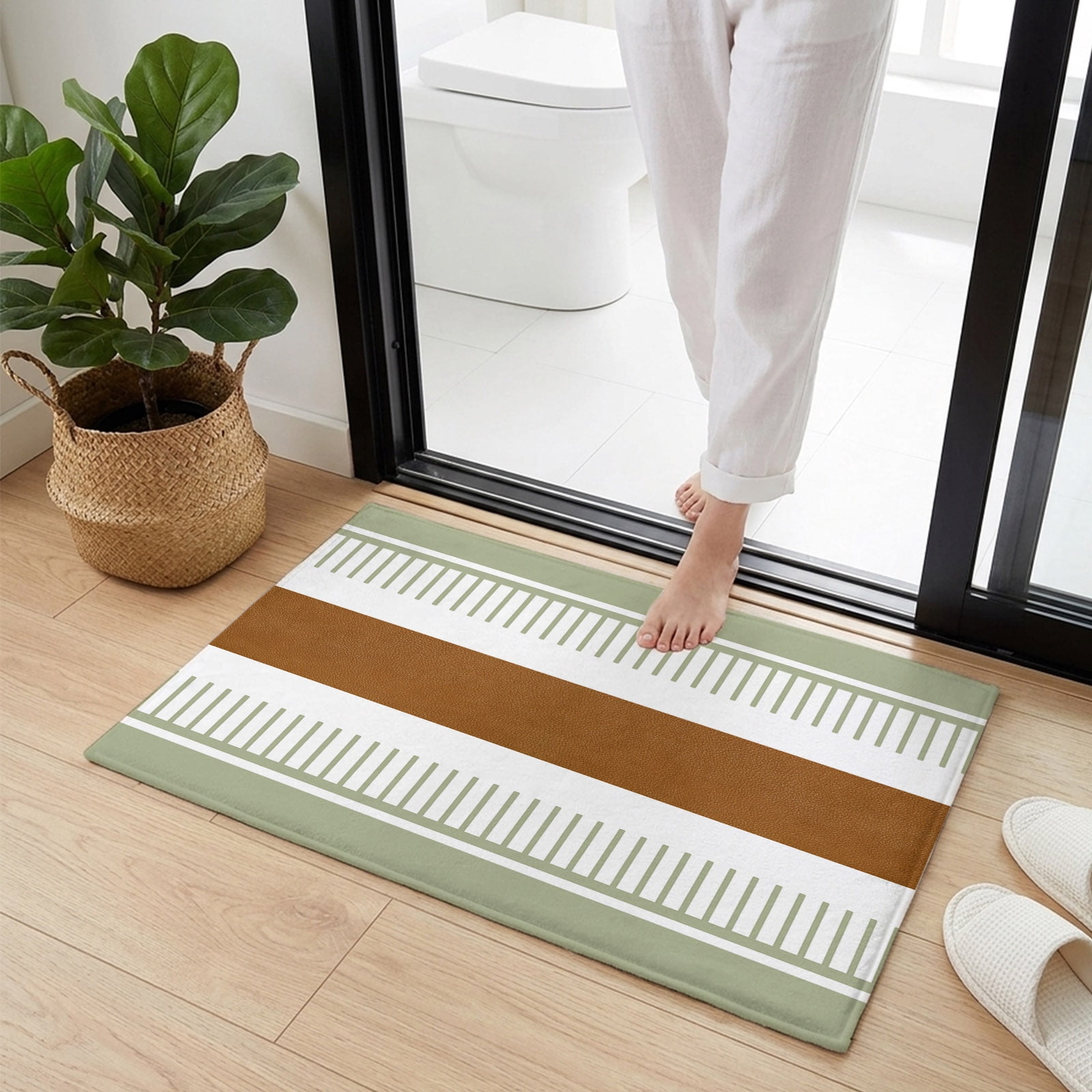 Doormat Bathroom Rugs 16x24in, Modern Minimalist Sage Green Stripe Non ...