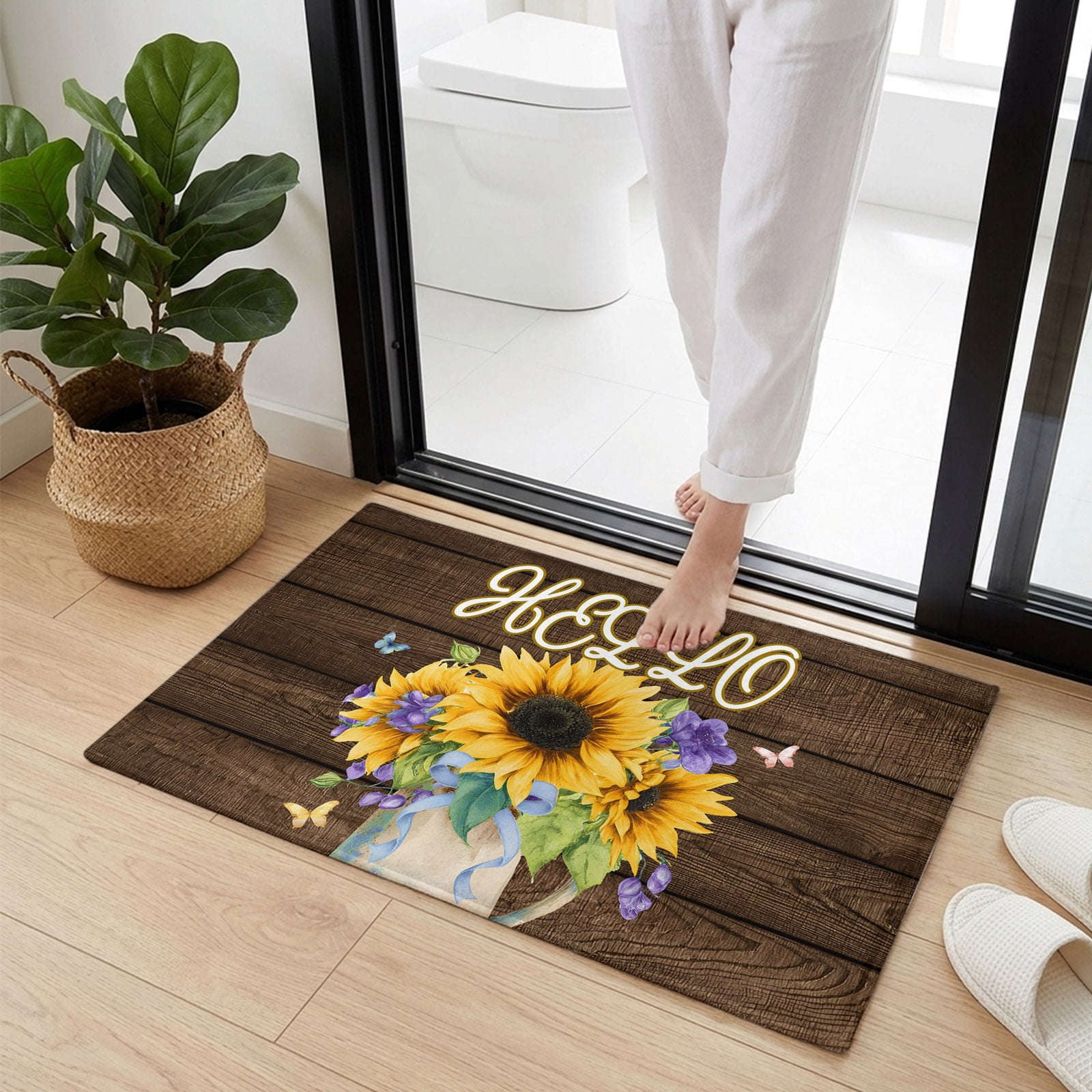Doormat Bathroom Rugs 16x24in, Summer Sunflower Brown Palnk Non Slip ...