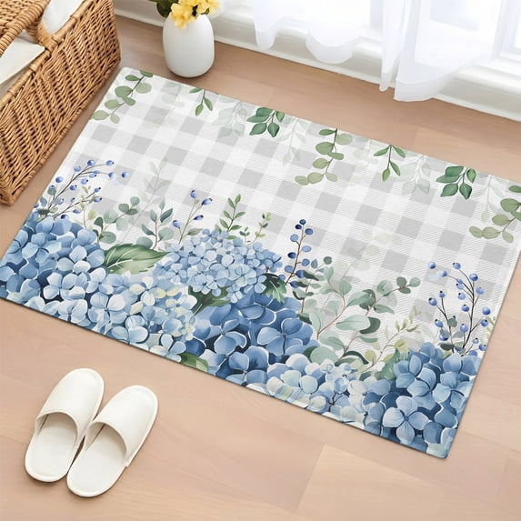 Doormat Bathroom Rugs 18x30in, Farmhouse Blue Hydrangeas Flower Leaves ...
