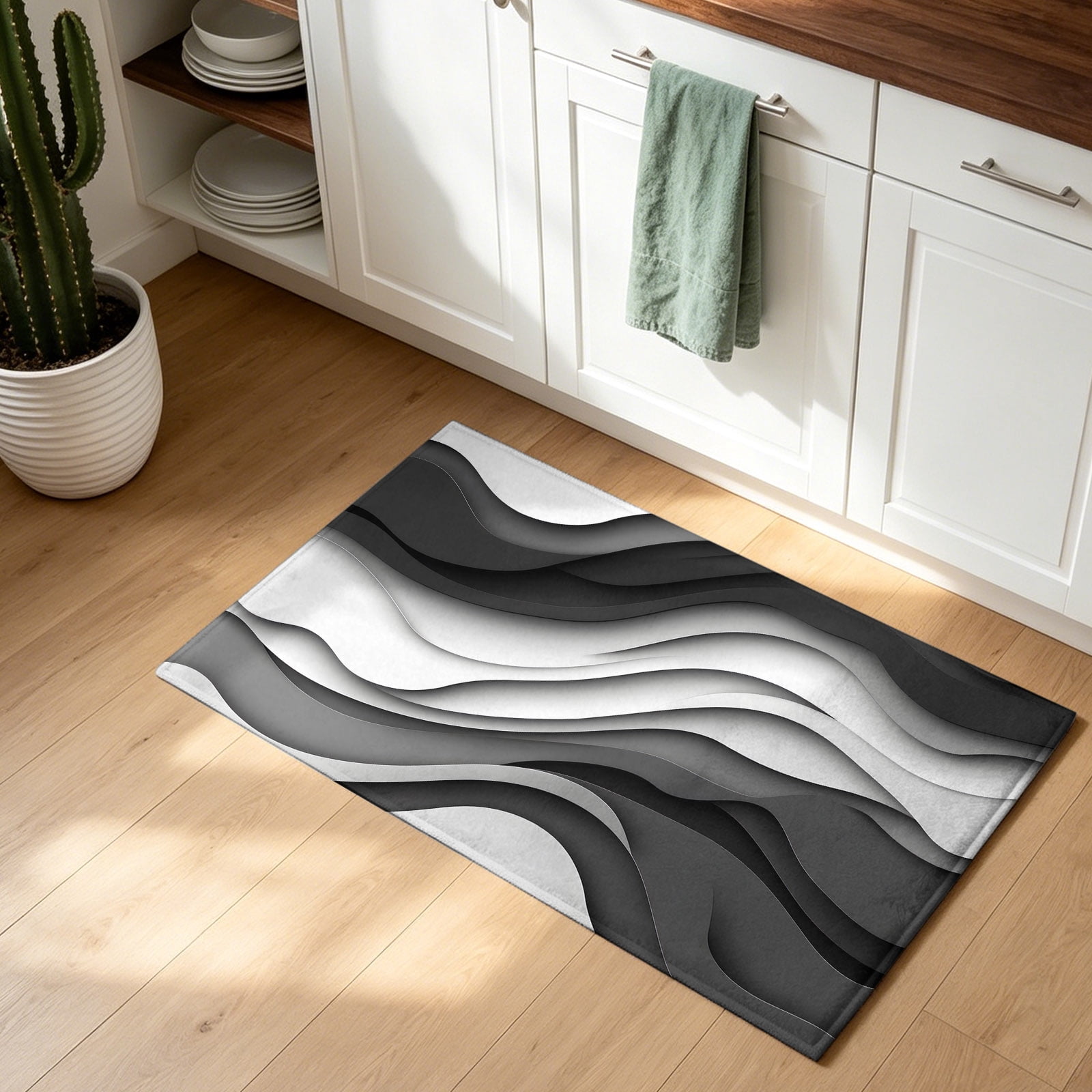 Doormat Bathroom Rugs 20x31.5in, Abstract Grey White Black Waves Non ...