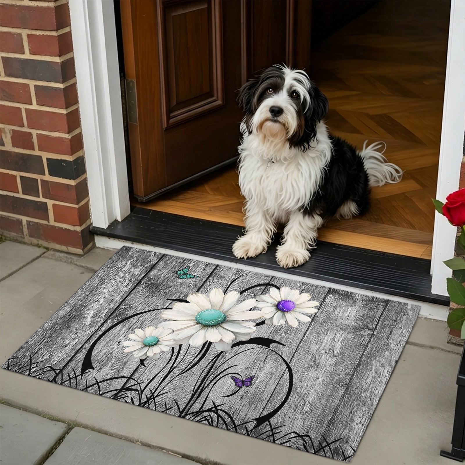 Doormat Bathroom Rugs 24x35in, Farm Daisy Shabby Wood Grain Non Slip ...