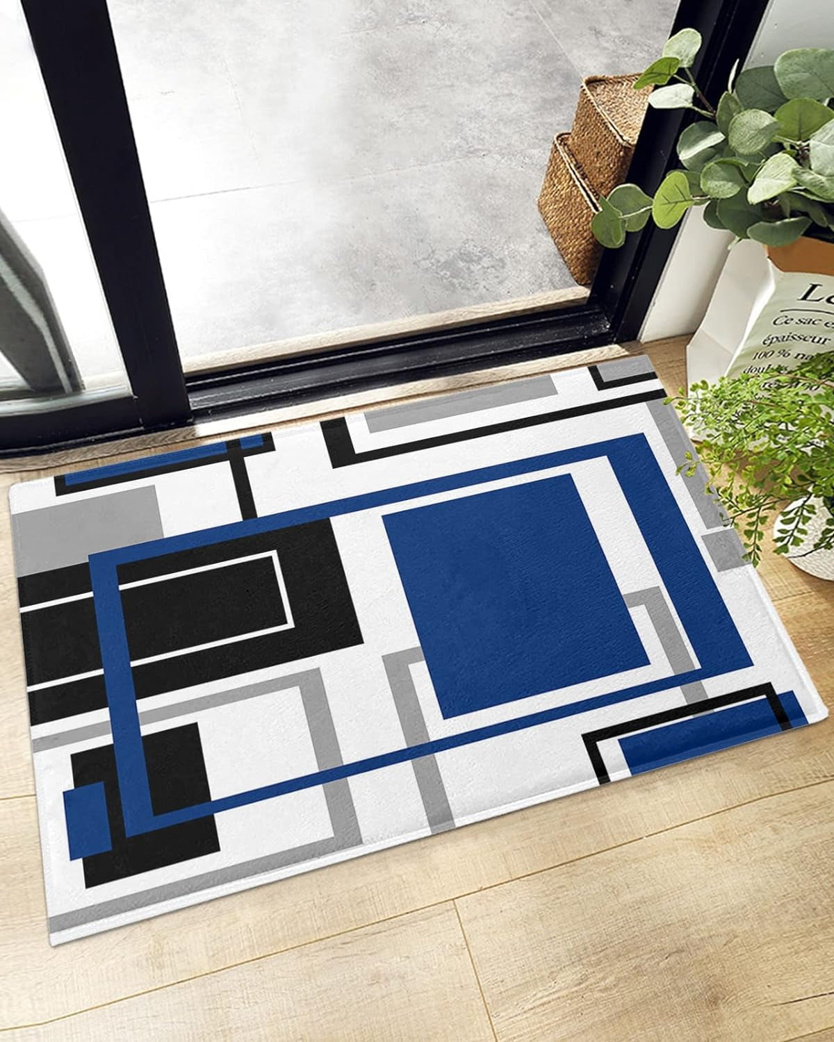 Doormat Blue Black Square Abstract Geometry,Shaggy Floor Mat with Non ...