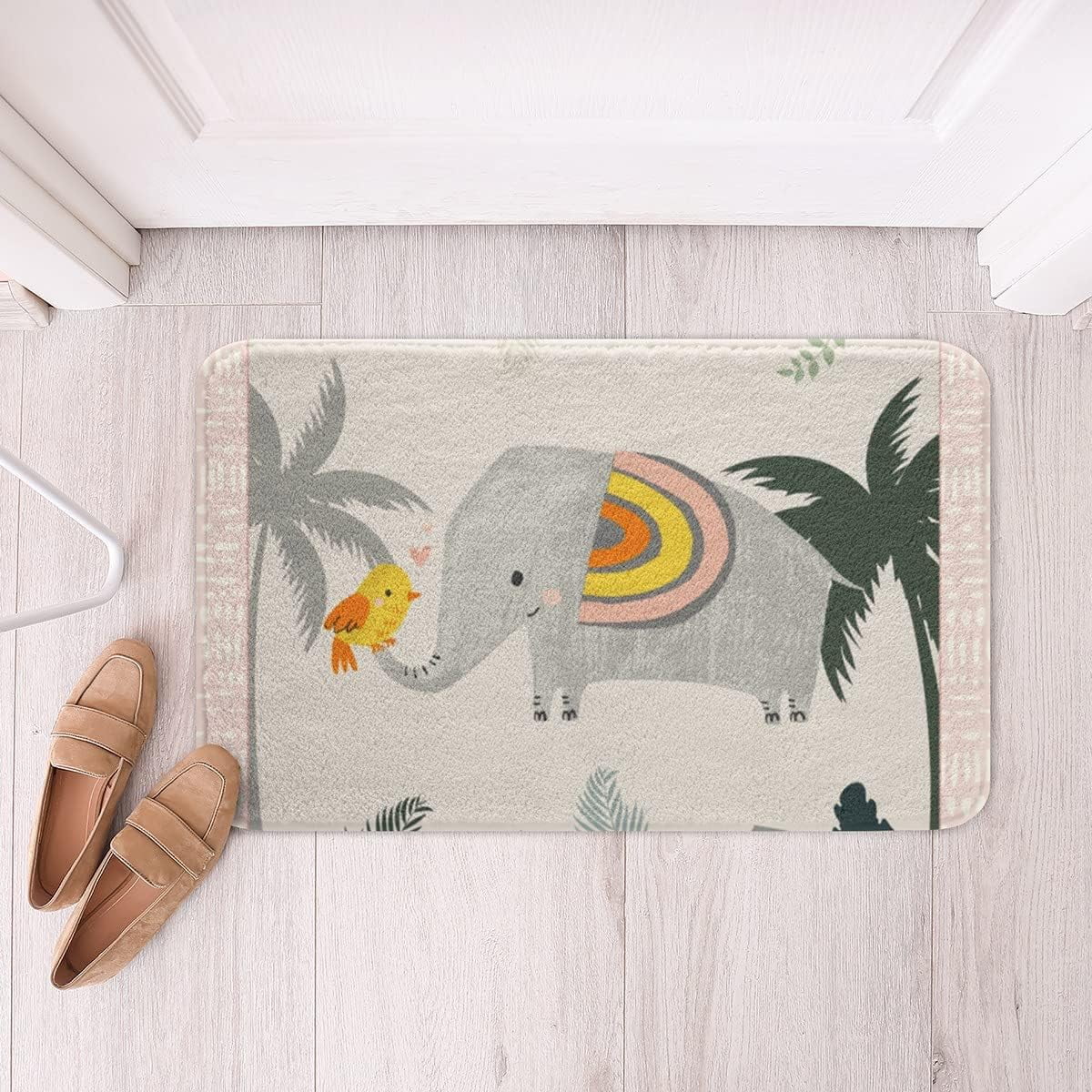 Doormat Cute Elephant Shaggy Absorbent Floor Mat Green Palm Leaf ...