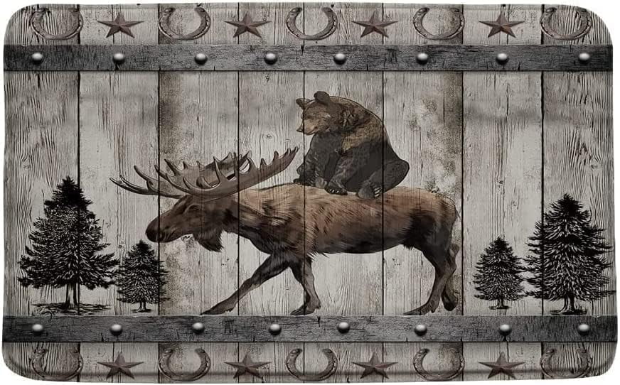 Doormat Indoor Entrance Wooden Bear Bath Mat Deer Elk Pine Tree Stars ...