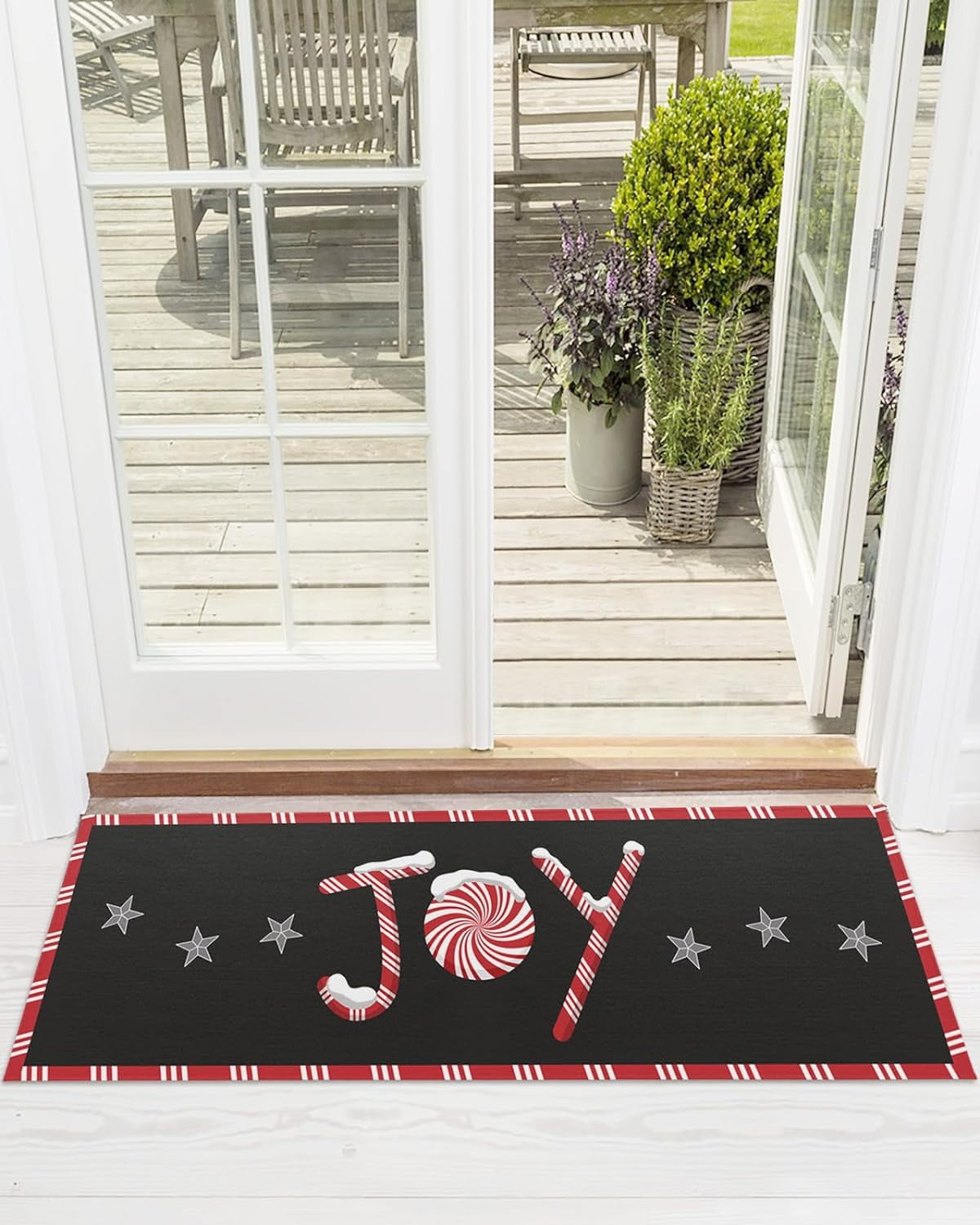 Doormat Indoor/Outdoor,Christmas Joy Candy Pattern Red Black Polyester ...
