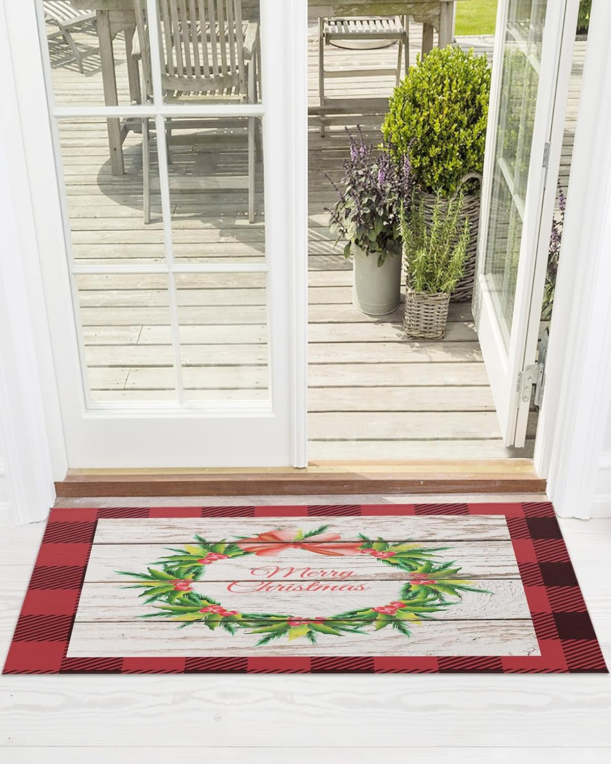 Doormat Indoor/Outdoor,Merry Christmas Wreath Holly Pine Needles Wood ...