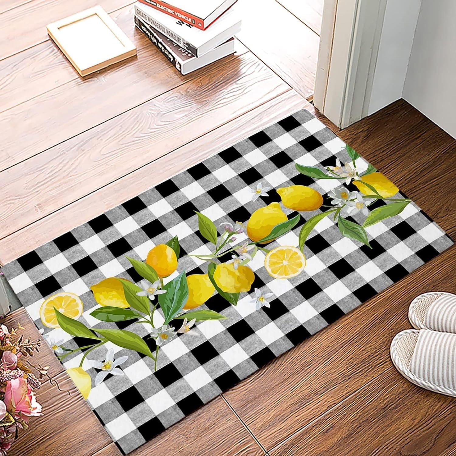 Doormat Outdoor Entrance Welcome Summer Lemon Black Buffalo Plaid ...