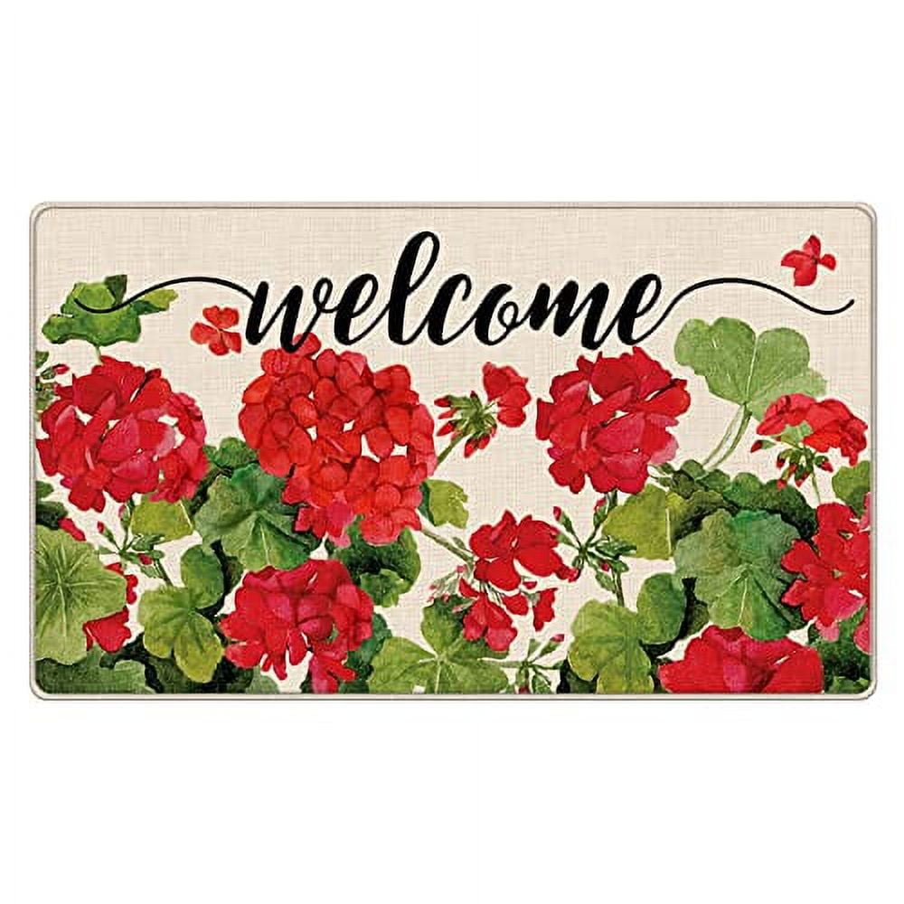 Doormat Welcome Spring Geranium Red Floral Flowers Funny Floor Mat Rug ...