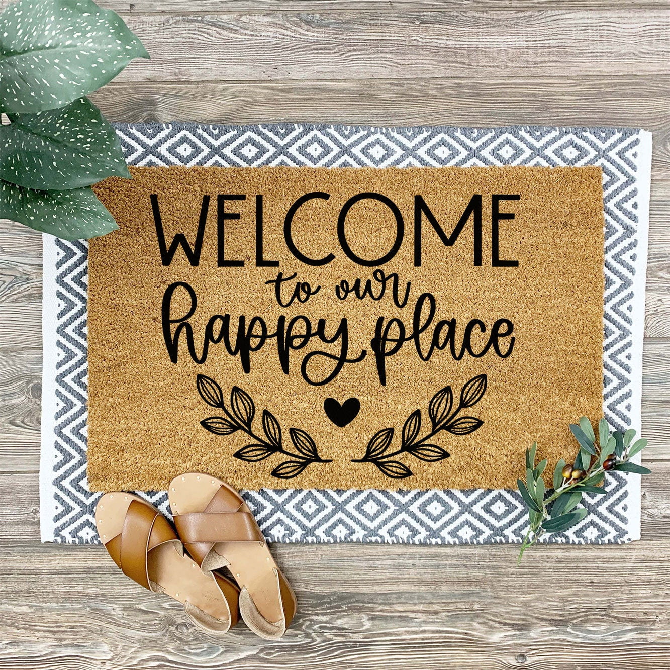 Doormat Welcome To Our Happy Place Welcome Mat New House Homeowner Cl ...
