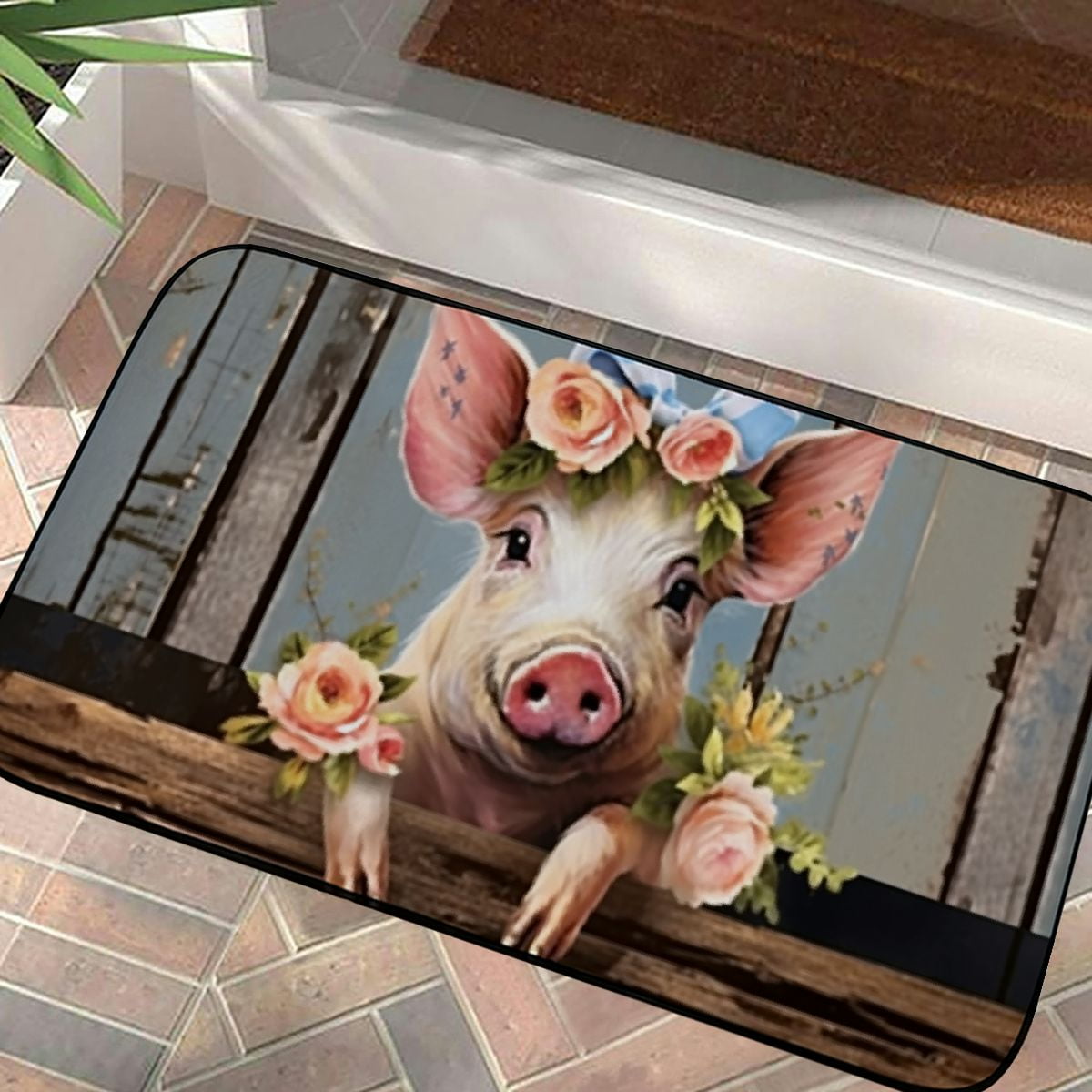 Doormats Entrance Rugs Farm Animal Cute Pig Floral Wreath Entryway Door ...