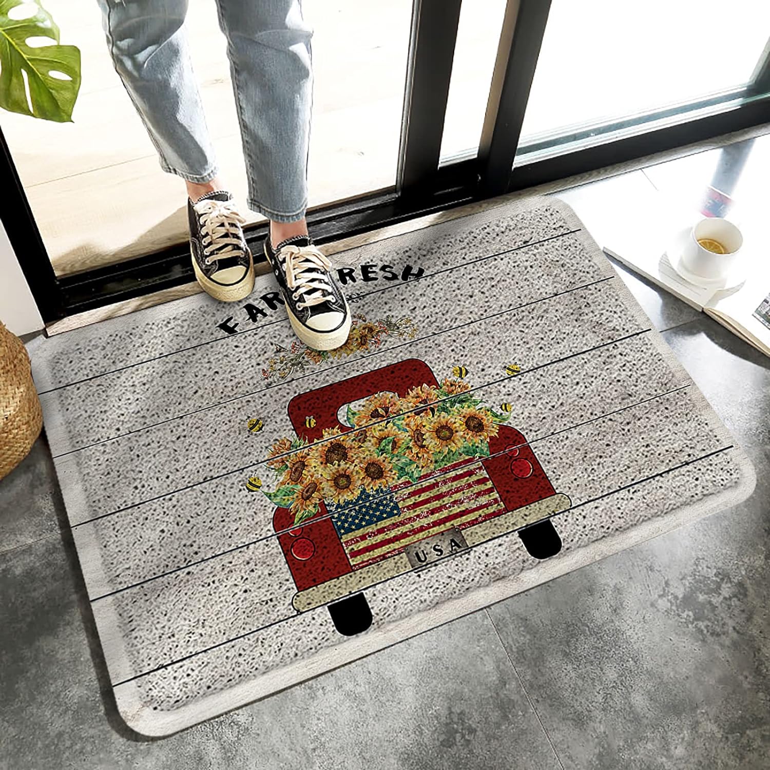 Doormats Indoor Outdoor Mat, Farm Sunflower Red Truck Bee Butterfly ...