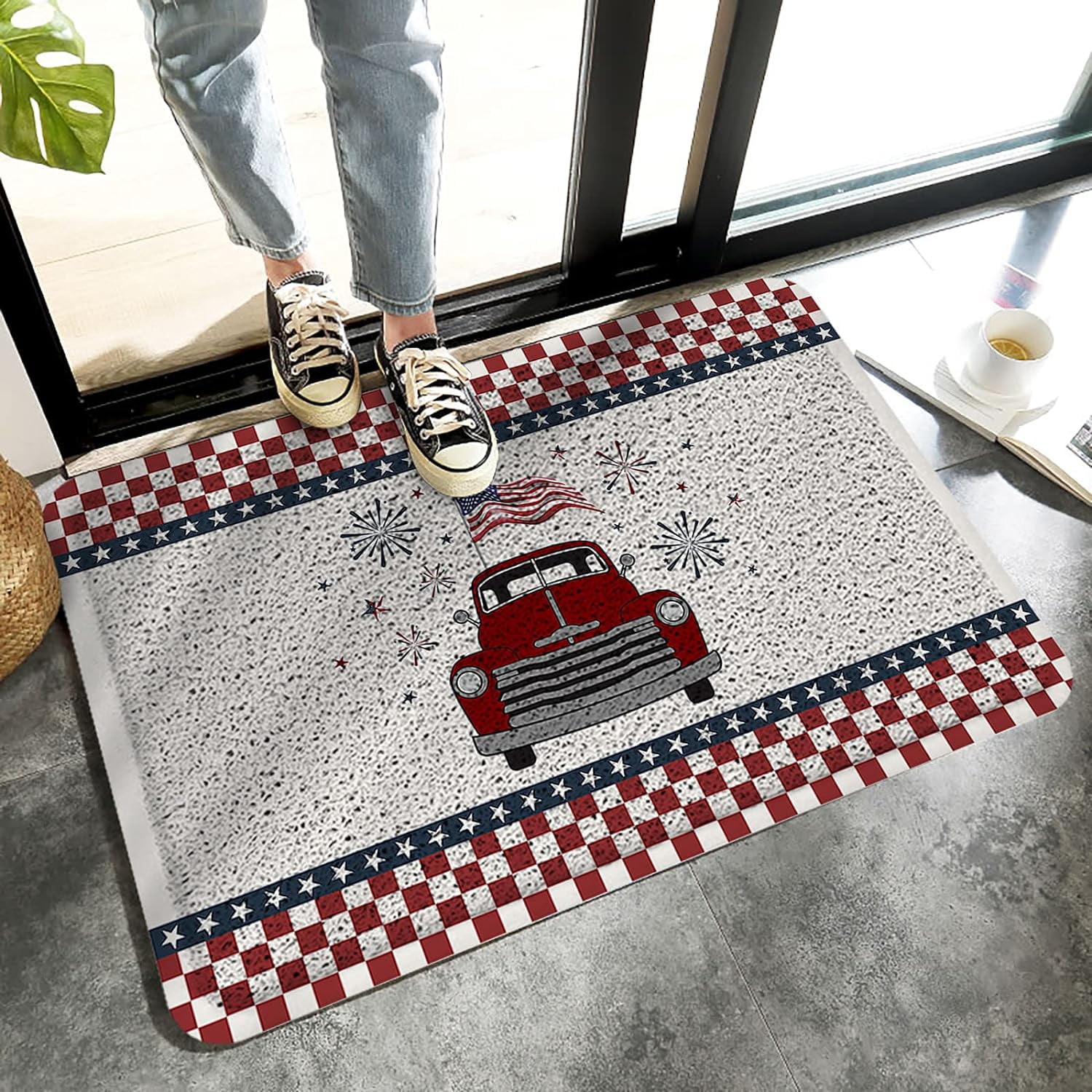 Doormats Indoor Outdoor Mat, Red Truck with American Flag and Fireworks ...