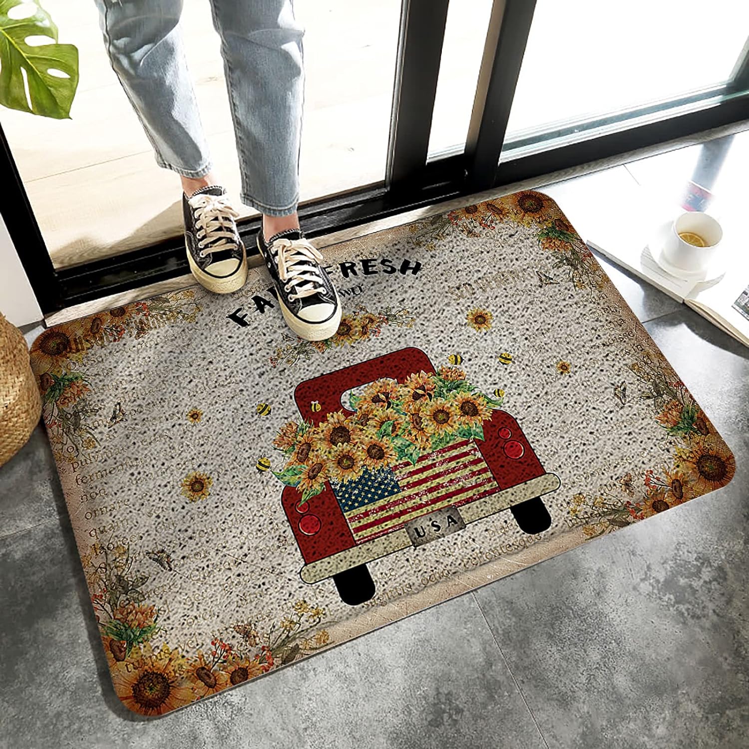 Doormats Indoor Outdoor Mat, USA Country Truck Sunflower Farm Harvest ...