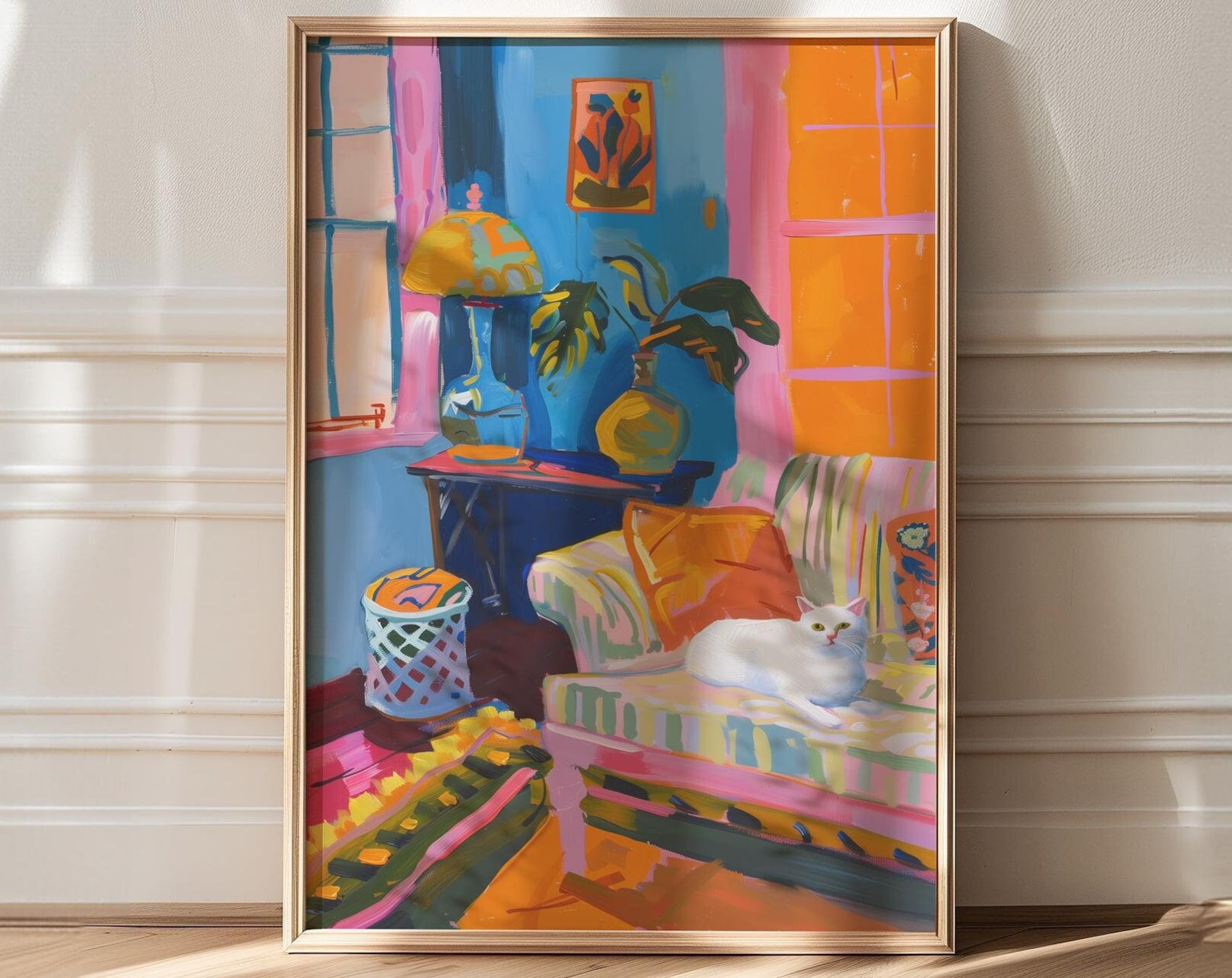 Dopamine Decor, Maximalist Wall Art, Colorful Cat Drawing, White Cat ...