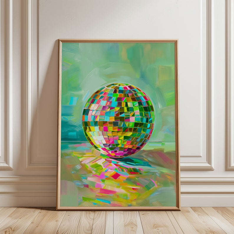 Dopamine Printable Wall Art, Disco Ball Maximalist Painting, Neon Green ...