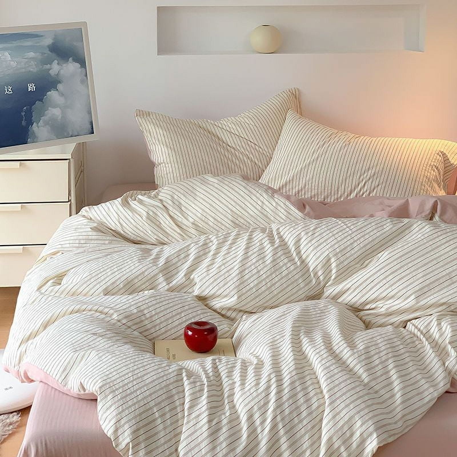 DopamineStriped Washed Cotton Four-piece Bedding Set Cream Style Bed Sheet Quilt Cover Three ...