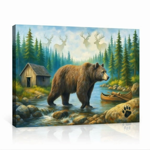 Dopaprint UNFRAMED PAPER POSTER Bear Cabin Canoe Forest Deer Wall Art ...