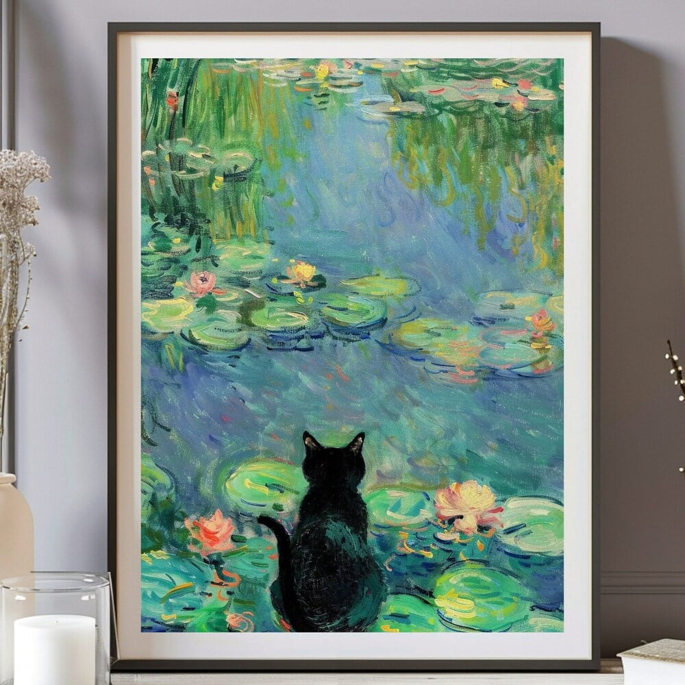 Dopaprint UNFRAMED PAPER POSTER Black Cat Poster, Monet Waterlily Cat ...
