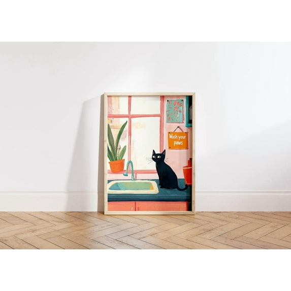 Dopaprint UNFRAMED PAPER POSTER Black Cat "Wash Your Paws" Bathroom ...
