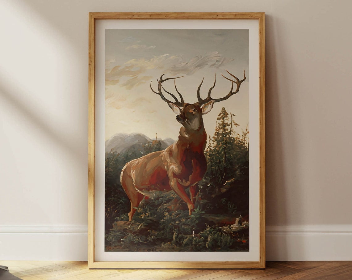 Dopaprint UNFRAMED PAPER POSTER Cabin Deer Painting Retro Hunting Print ...