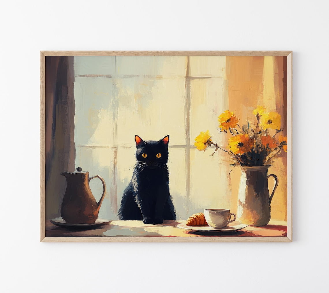 Dopaprint UNFRAMED PAPER POSTER Cafe Croissant Cat Print, Kitchen Print ...