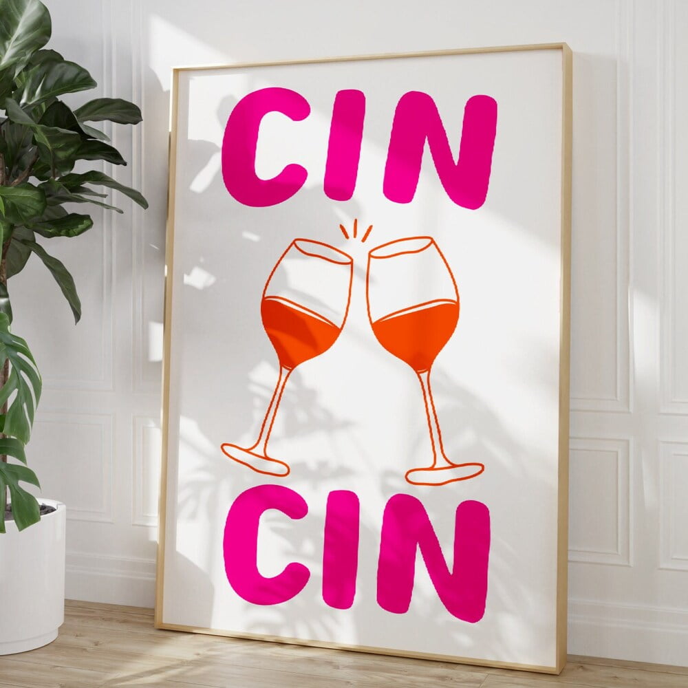 Dopaprint UNFRAMED PAPER POSTER Cin Cin Print, Wine Glass Cheers Poster, Pink Kitchen Wall Art ...