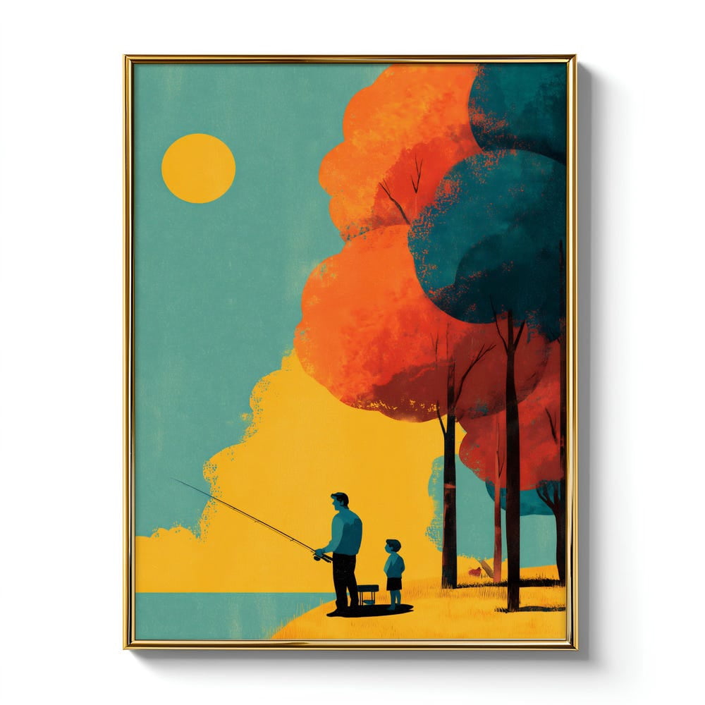 Dopaprint UNFRAMED PAPER POSTER Colorful Father Son Fishing Artwork Mid ...