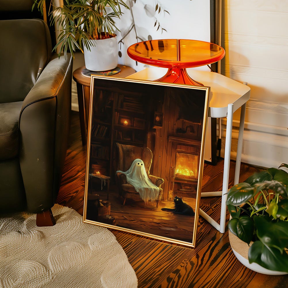 Dopaprint UNFRAMED PAPER POSTER Cozy Ghost And Black Cat By Fireplace ...