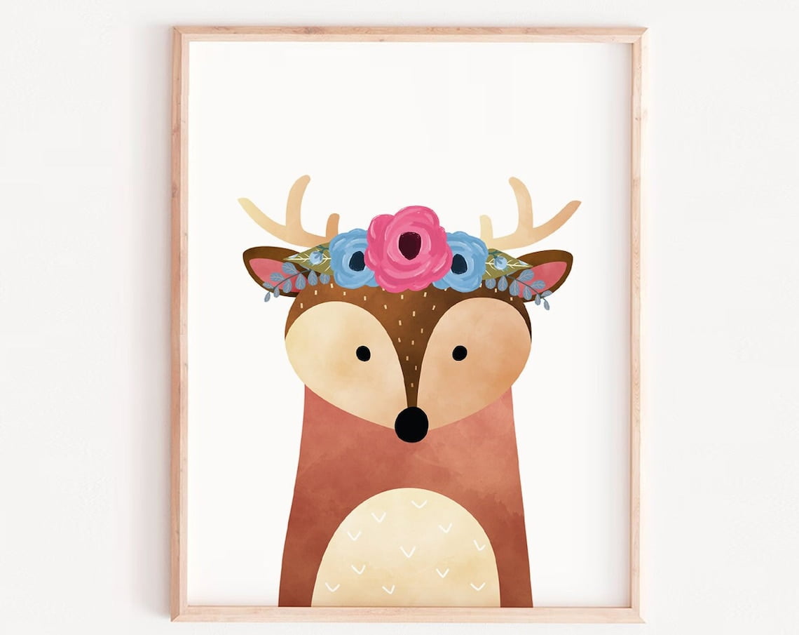 Dopaprint UNFRAMED PAPER POSTER Deer Floral Print, Woodland Nursery ...