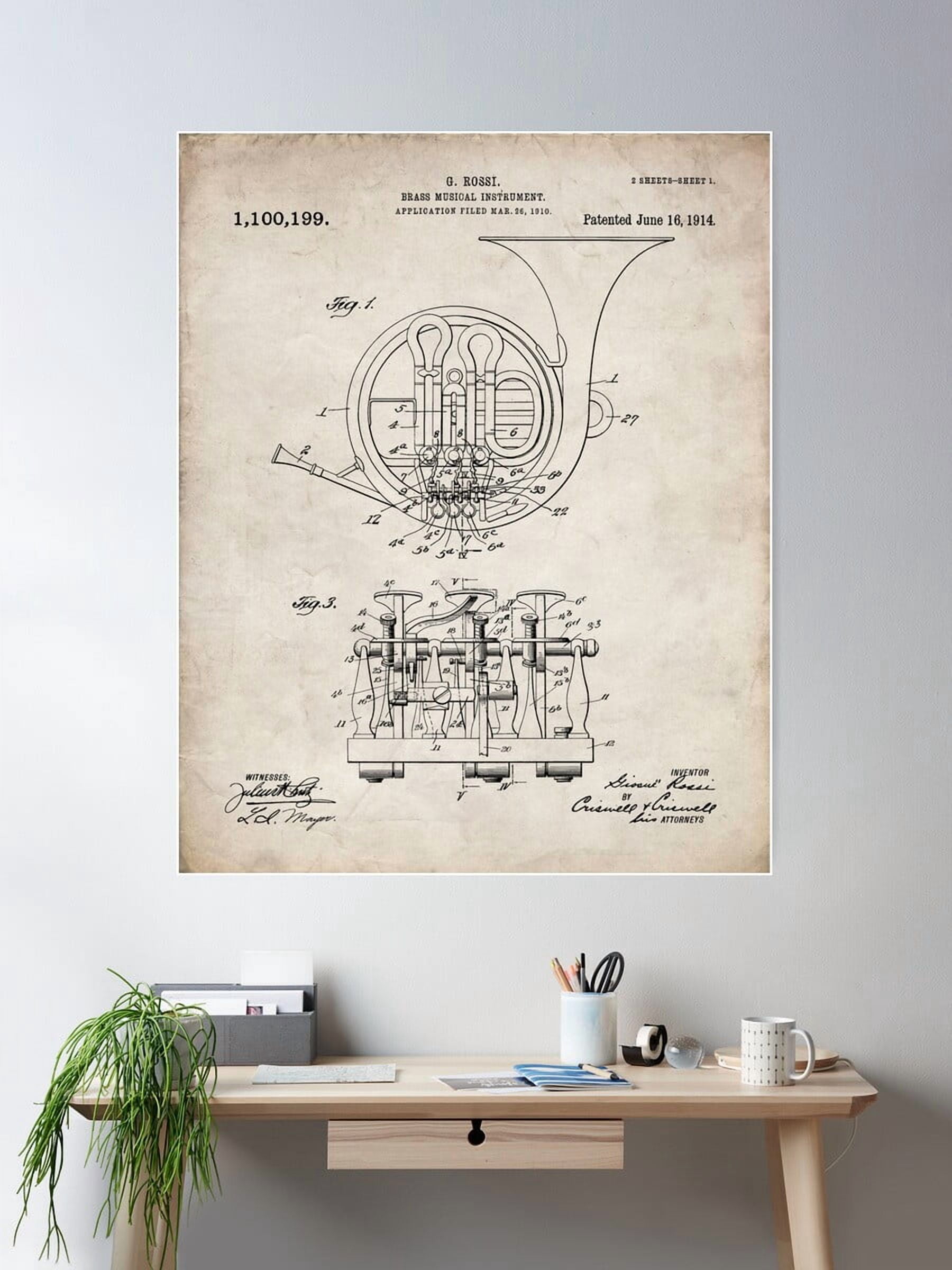 Dopaprint UNFRAMED PAPER POSTER French Horn Patent - Horn Player Art ...