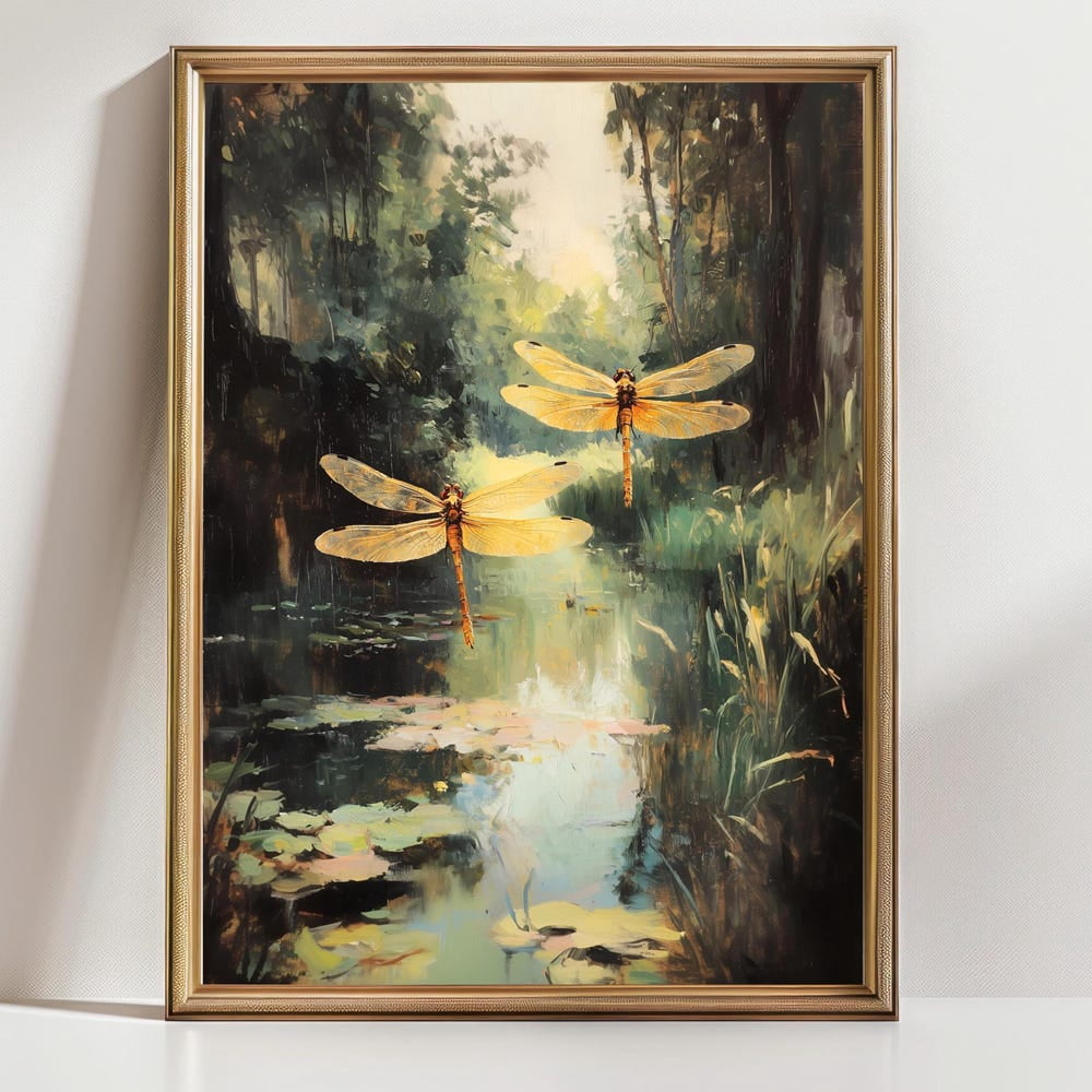 Dopaprint UNFRAMED PAPER POSTER Golden Dragonflies Over Serene Pond Art ...