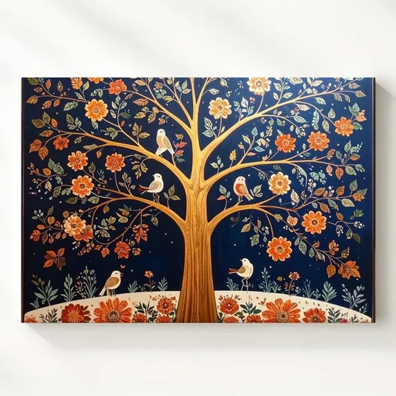 Dopaprint UNFRAMED PAPER POSTER Golden Folk Tree Symmetrical Bird ...