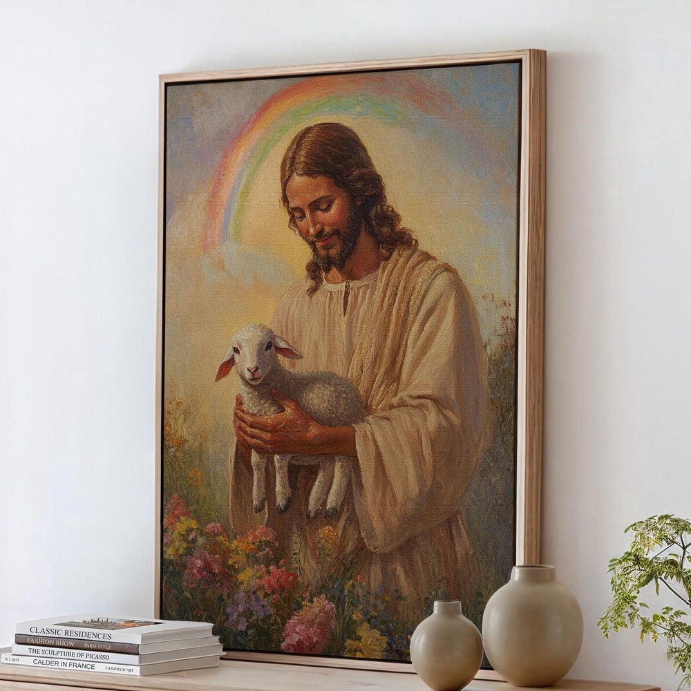Dopaprint UNFRAMED PAPER POSTER Jesus Holding Lamb With Rainbow ...