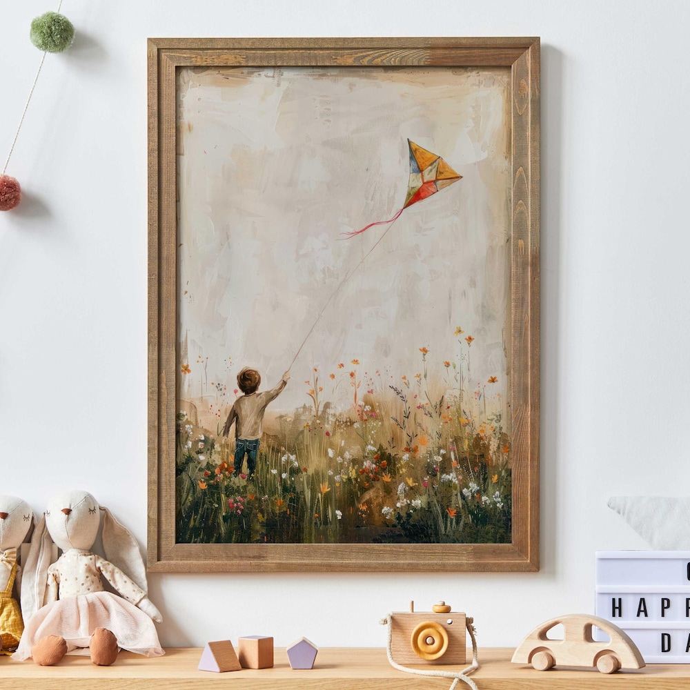 Dopaprint UNFRAMED PAPER POSTER Kite Nursery Wall Art, Boy Flying Kite ...