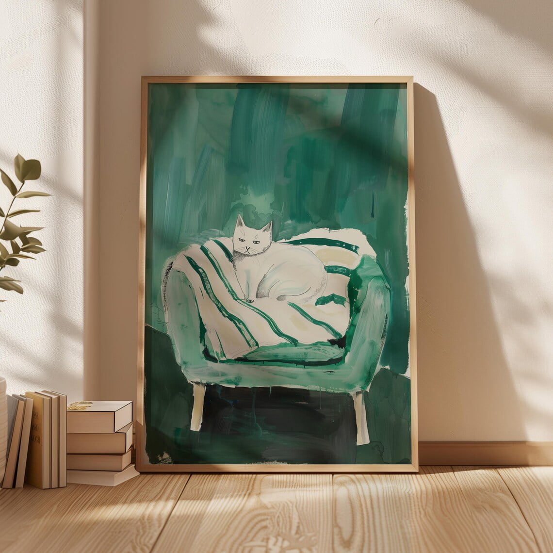 Dopaprint UNFRAMED PAPER POSTER Minimalist Cat White Feline On Green ...