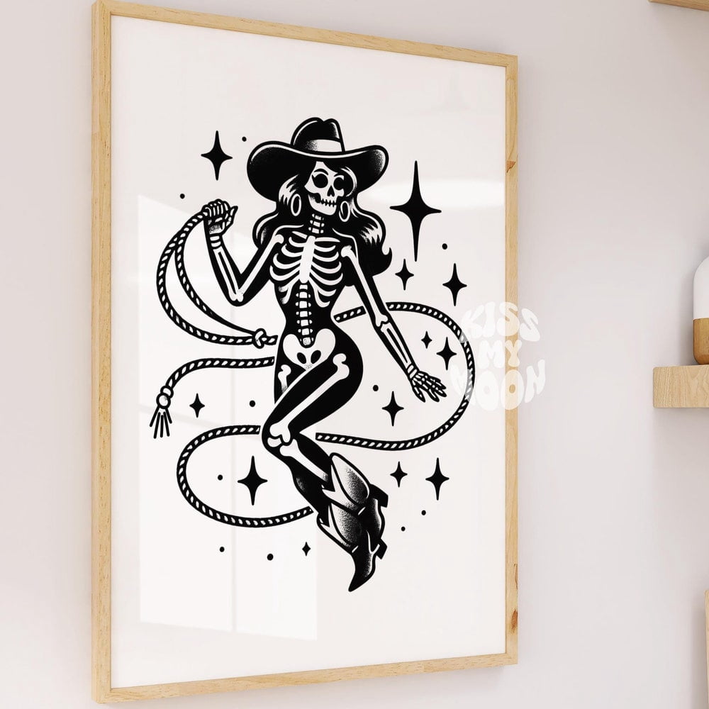 Dopaprint UNFRAMED PAPER POSTER Moody Skeleton Cowgirl Art Print, Retro ...