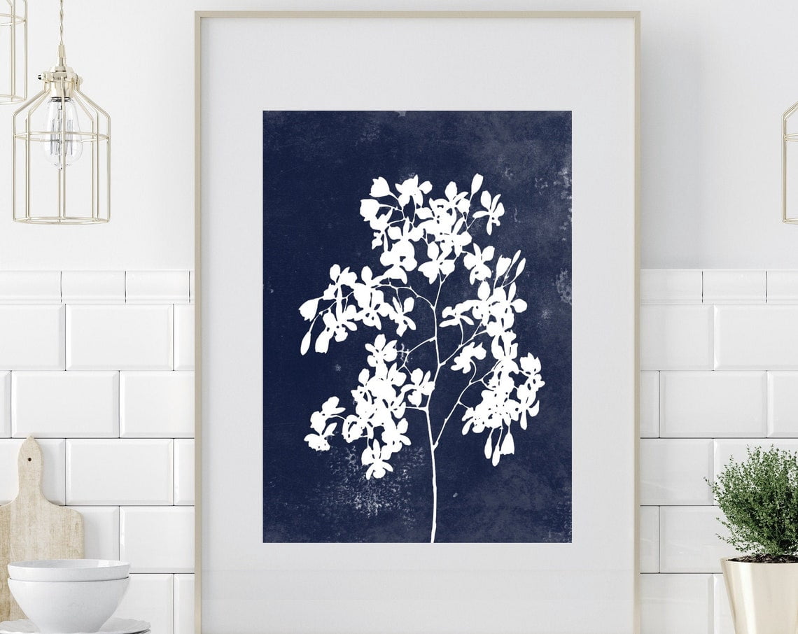 Dopaprint UNFRAMED PAPER POSTER Navy Blue Botanical Floral Wall Art Art ...