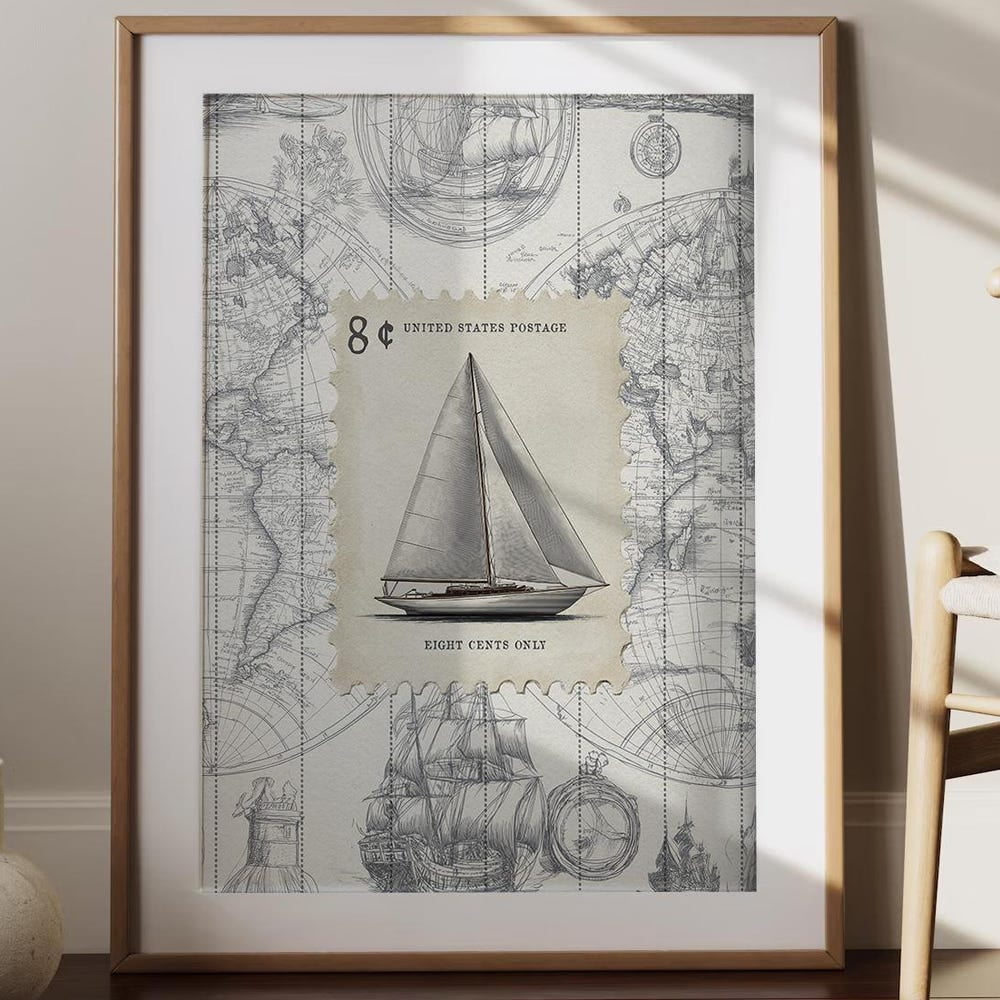 Dopaprint UNFRAMED PAPER POSTER Neutral Coastal Wall Art, Sailboat ...