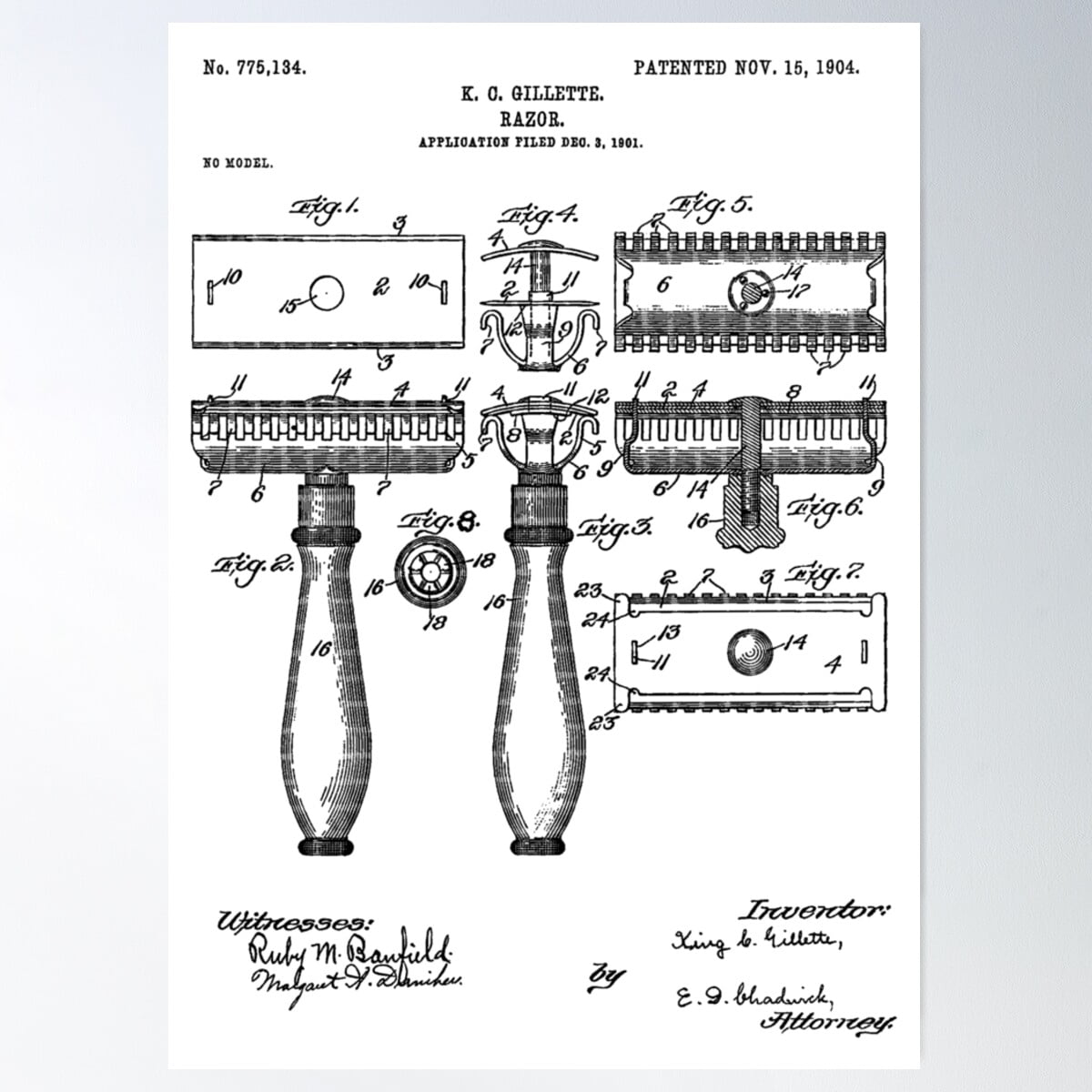 Dopaprint UNFRAMED PAPER POSTER Patent Of The First Gillette Razor ...