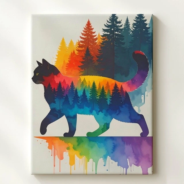 Dopaprint UNFRAMED PAPER POSTER Rainbow Cat Silhouette Watercolor Style ...
