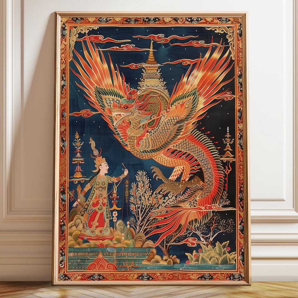 Dopaprint UNFRAMED PAPER POSTER Thai Dragon And Mythical Phoenix Art ...