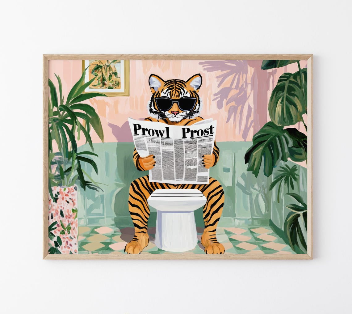 Dopaprint UNFRAMED PAPER POSTER Tiger On Toilet Bathroom Print, Animal ...