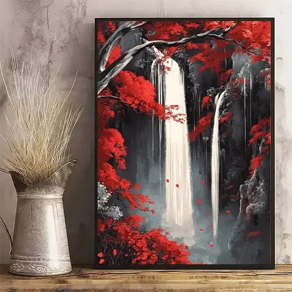 Dopaprint UNFRAMED PAPER POSTER Vibrant Red Trees Waterfall Decorative ...