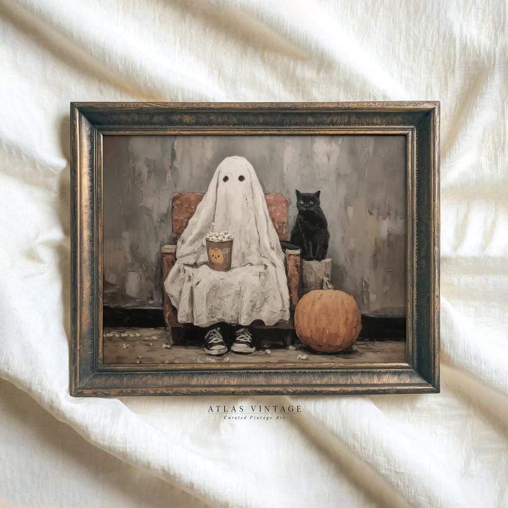 Dopaprint UNFRAMED PAPER POSTER Vintage Funny Ghost Movie Night Print, Cozy Spooky Ghost & Cat ...