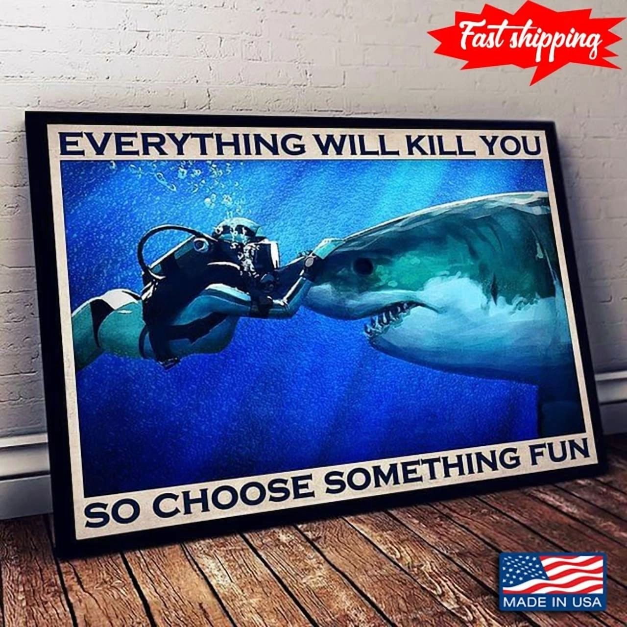 Dopaprint UNFRAMED PAPER POSTER Vintage Scuba Diver Cuddling Shark ...