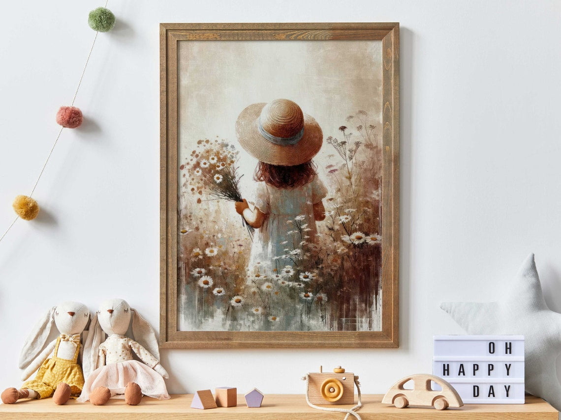 Dopaprint UNFRAMED PAPER POSTER Wildflower Field Nursery Art, Cute Girl ...